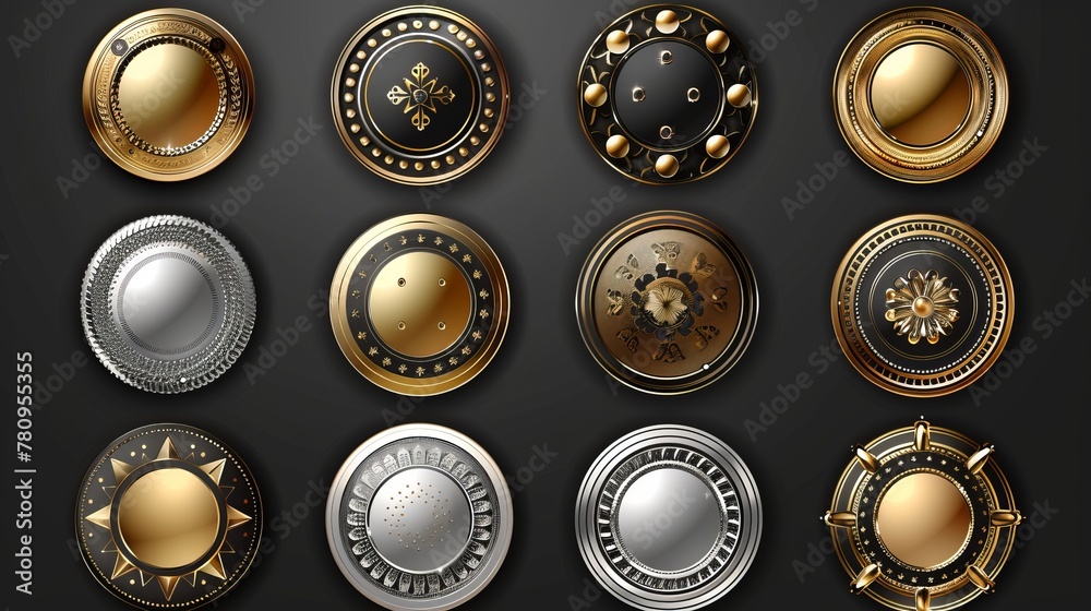 A collection of medals logos features shiny round awards in gold ...