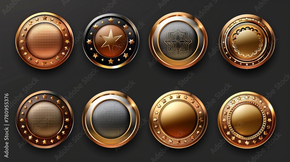 A collection of medals logos features shiny round awards in gold ...