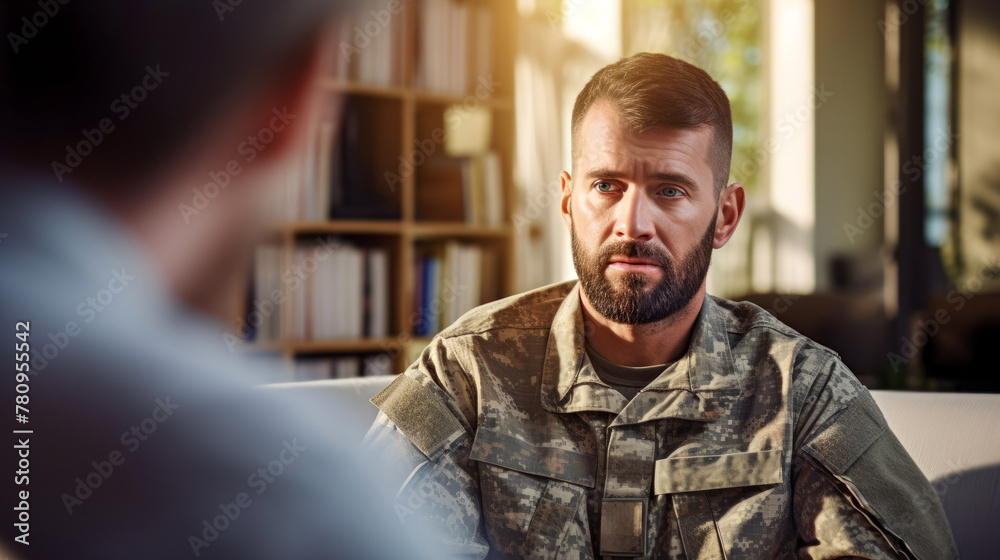 Sad male with mental disorder, soldier in military uniform on ...