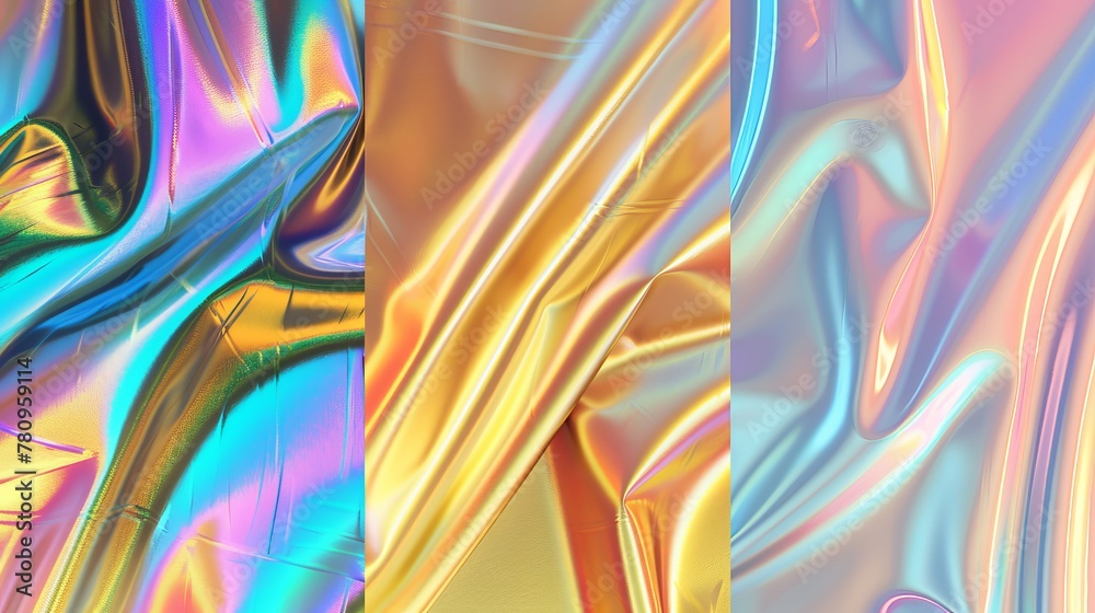 Holographic, silver, bronze, and golden foil texture backgrounds are showcased in vector graphic ...