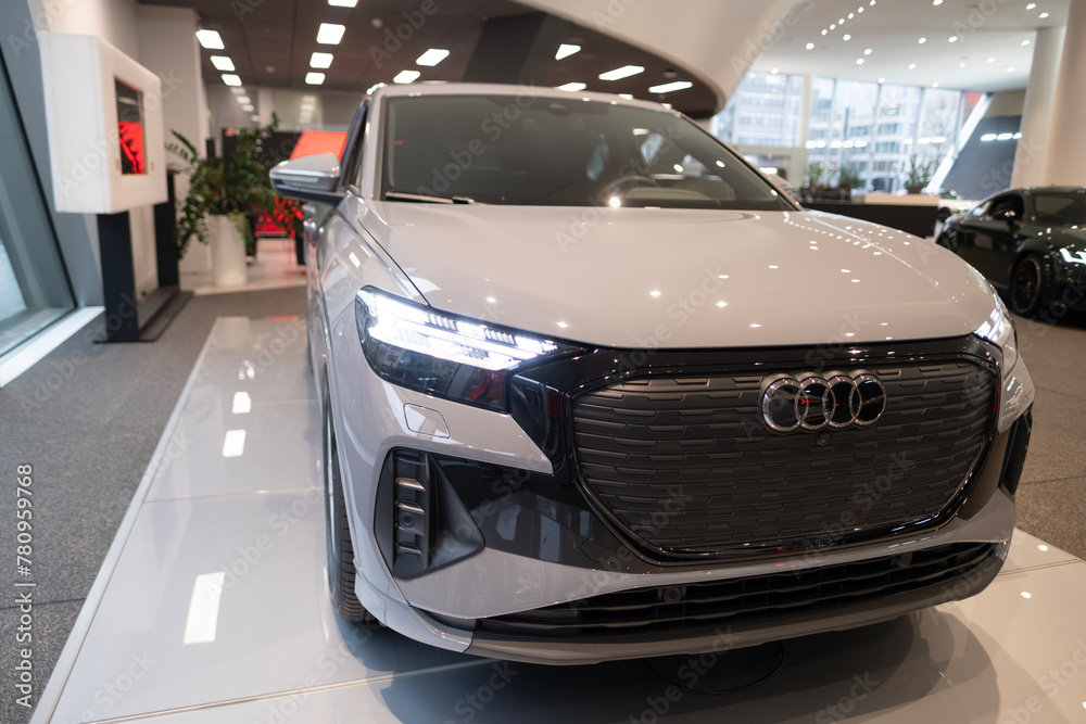 grey All-electric crossover Audi Q4 e-tron with panoramic roof, German ...