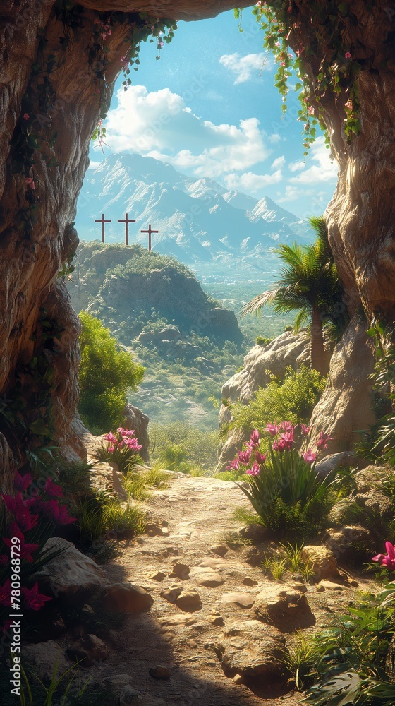 A painting depicting a cross inside a cave, a cinematic scene of an ...