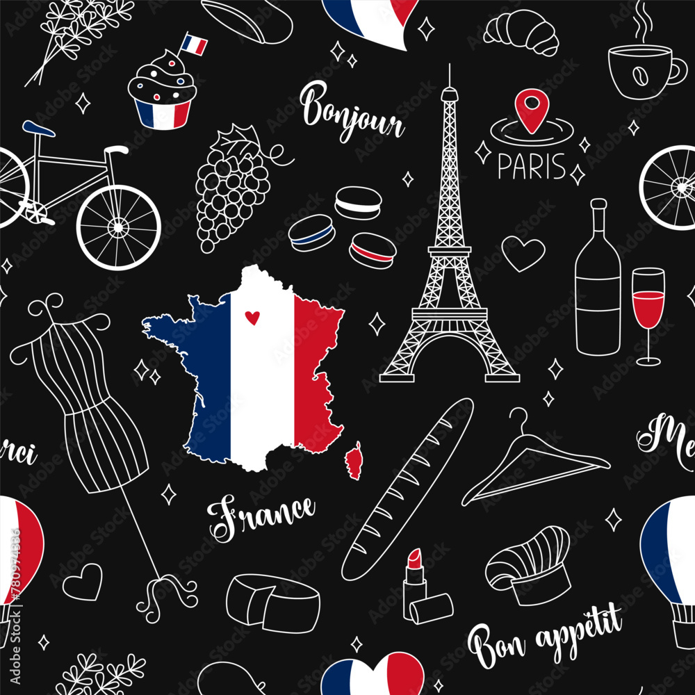 France pattern. Vector seamless background. Cute hand drawn outline ...