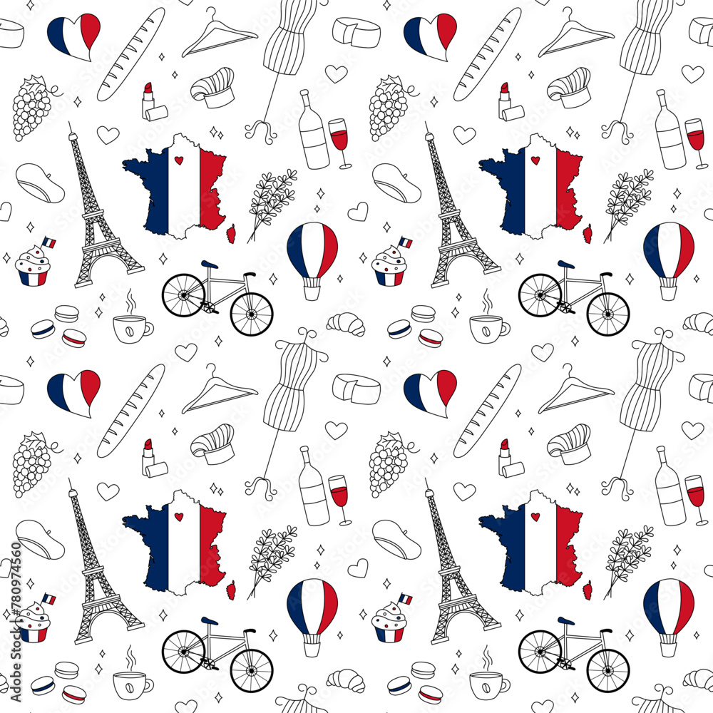 France doodles pattern. Vector seamless background. Cute hand drawn ...