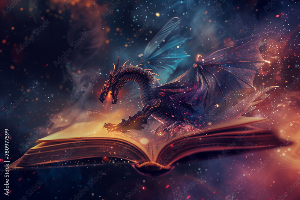 Dragon coming out of a book, cosmic creature in a galaxy for readers of ...