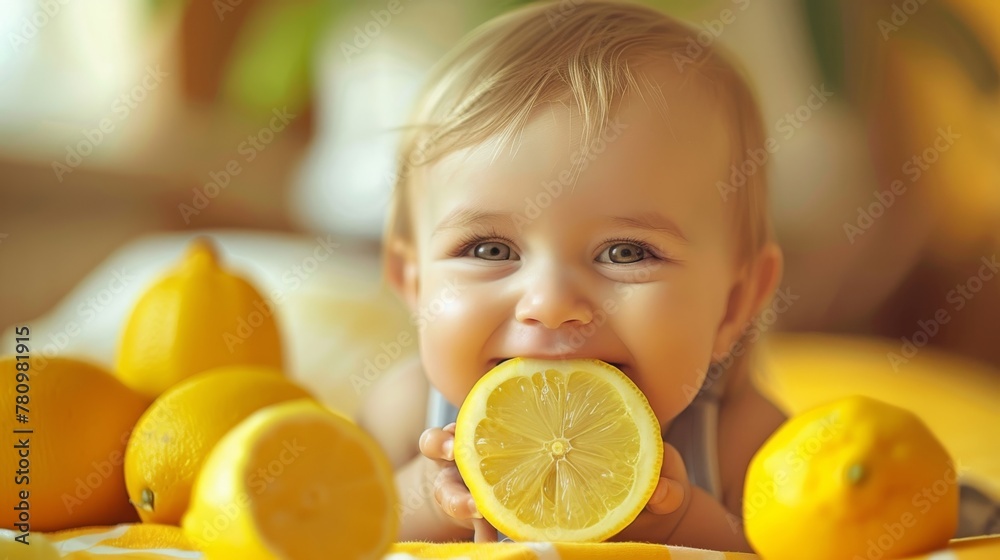Baby milestones first tooth and first taste lemon Stock Photo | Adobe Stock