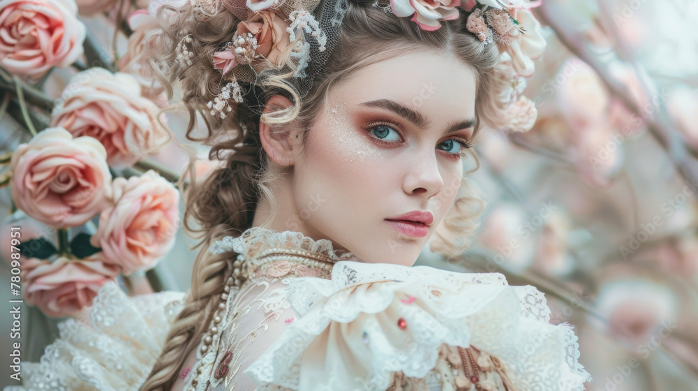 Dressed in a lavish Rococo dress with layers of ruffles and delicate ...
