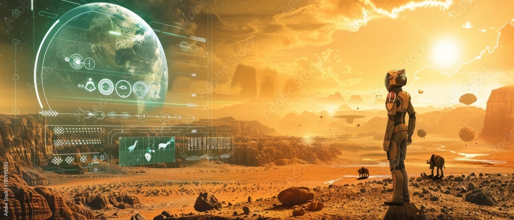 A digital interface on Mars showing a live feed of Earth animals a ...