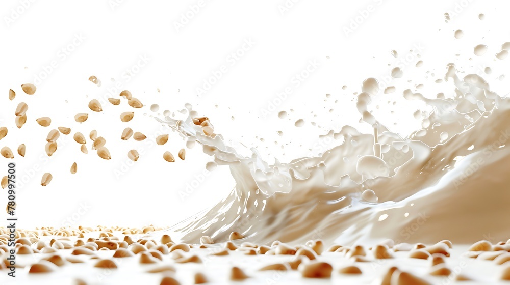 wave of milk flying in the air with pine nut kernels on a solid white ...