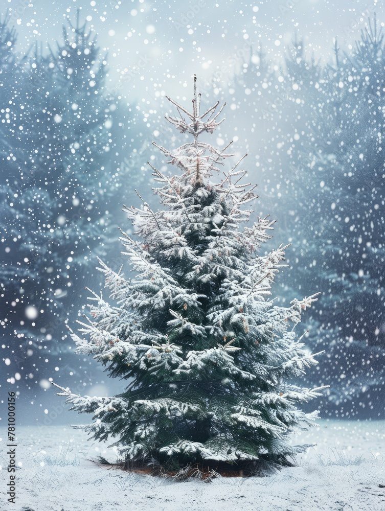 Snow-covered pine tree with blue backdrop - A solitary pine tree stands covered in fresh snow ...