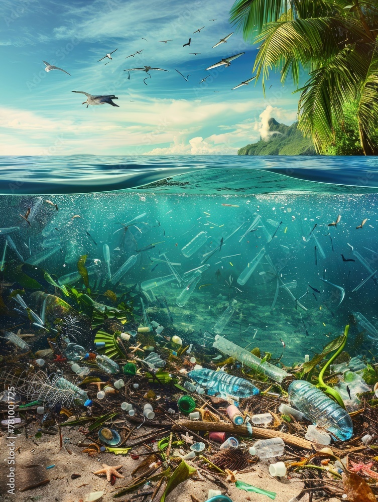 Pollution problem concept with underwater sea scene - Graphic image ...