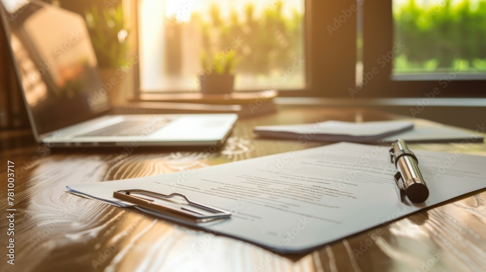 Sunny home office desk with paperwork - Warm sunlight streams over an ...