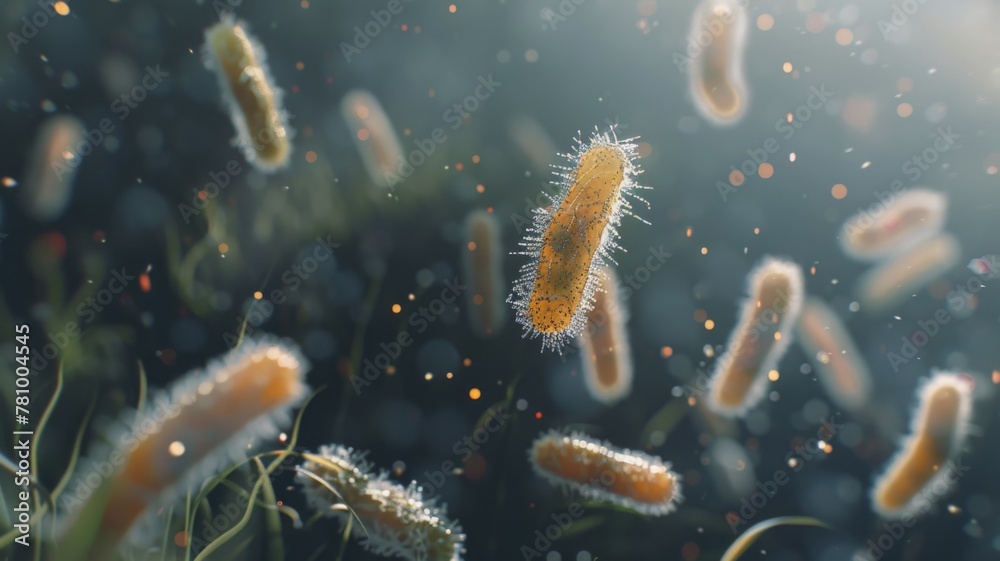 Microscopic view of bacteria with particles - This image captures the ...