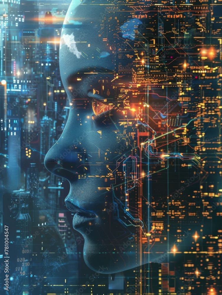 Futuristic cityscape with cyber data overlay - This image depicts a ...