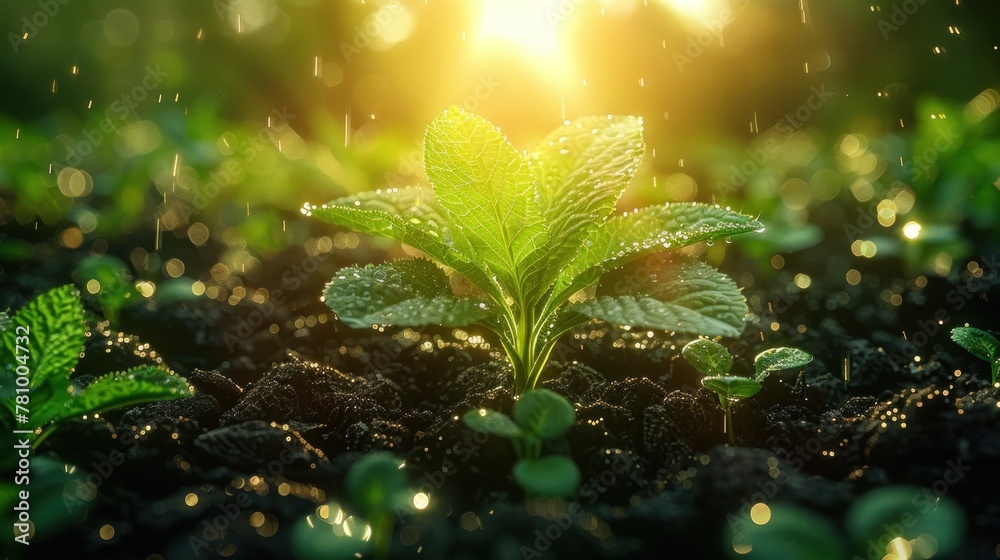 Plants growing in the field, young seedlings, sprouts, and leaves ...