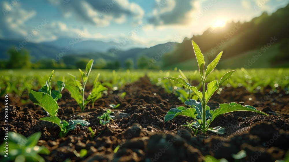 Plants growing in the field, young seedlings, sprouts, and leaves ...
