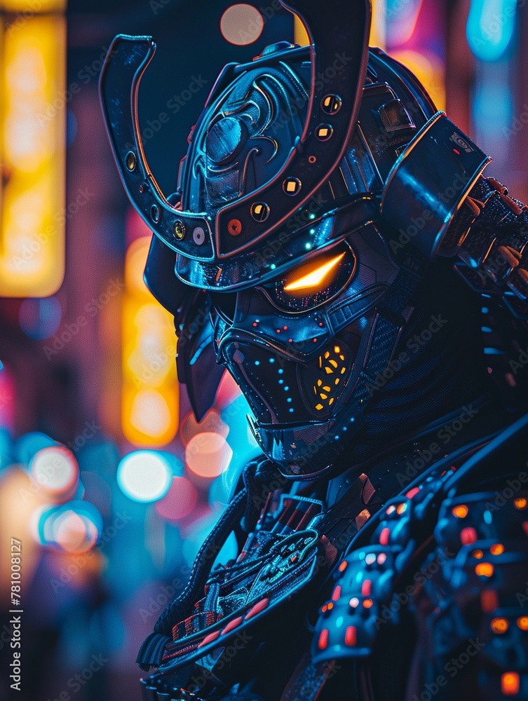 Black samurai helmet, neon lights, closeup, high contrast ,Hyper ...