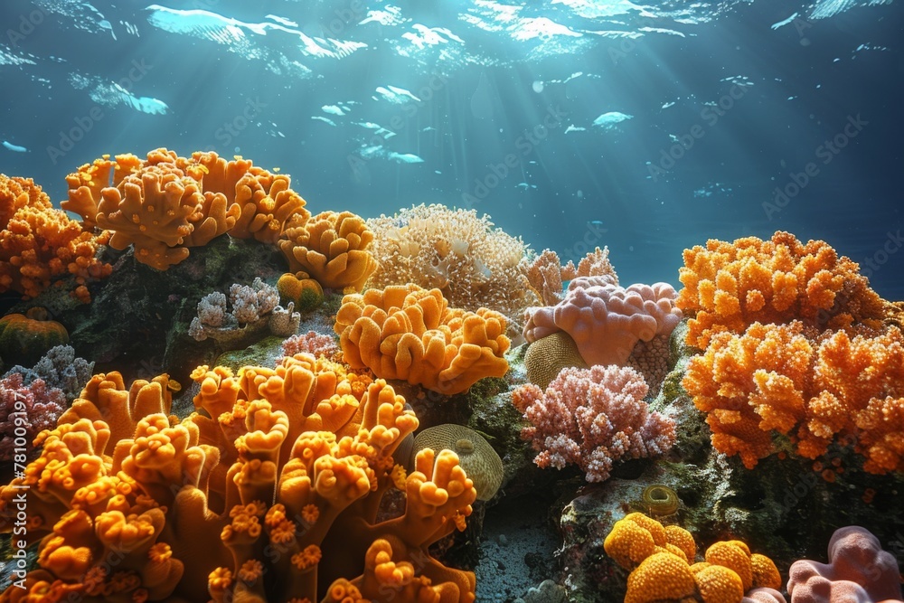 Sunlight filters through the ocean water, highlighting the diverse ...