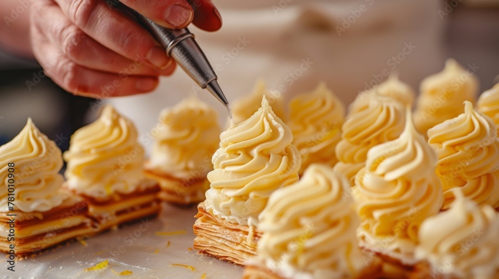 With precise hands the pastry chef artfully pipes swirls of zesty lemon ...