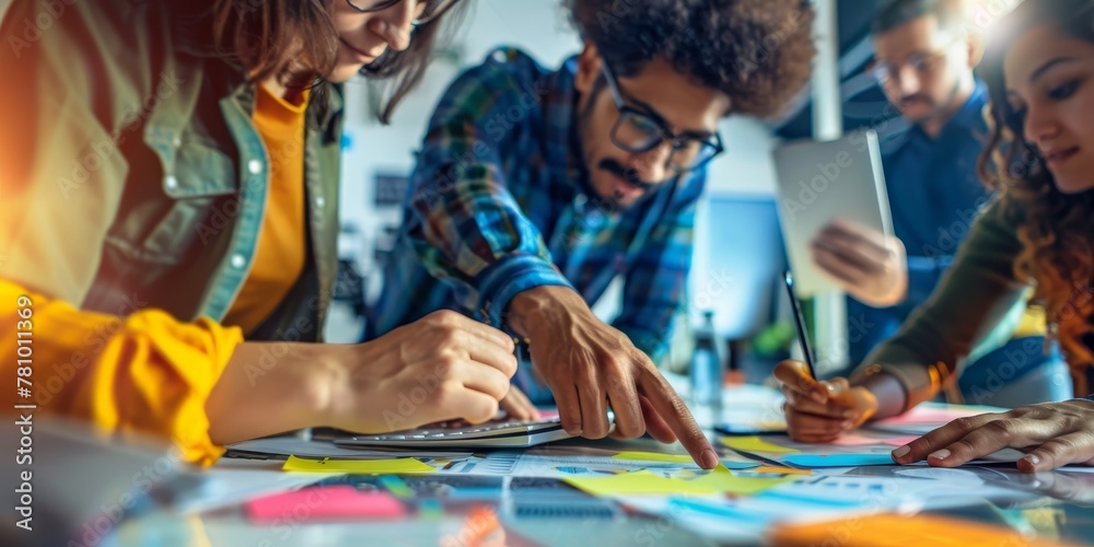 A group of people are working together on a project, with one person ...