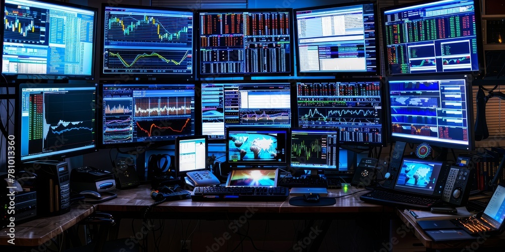 A computer monitor display with many screens showing stock market ...