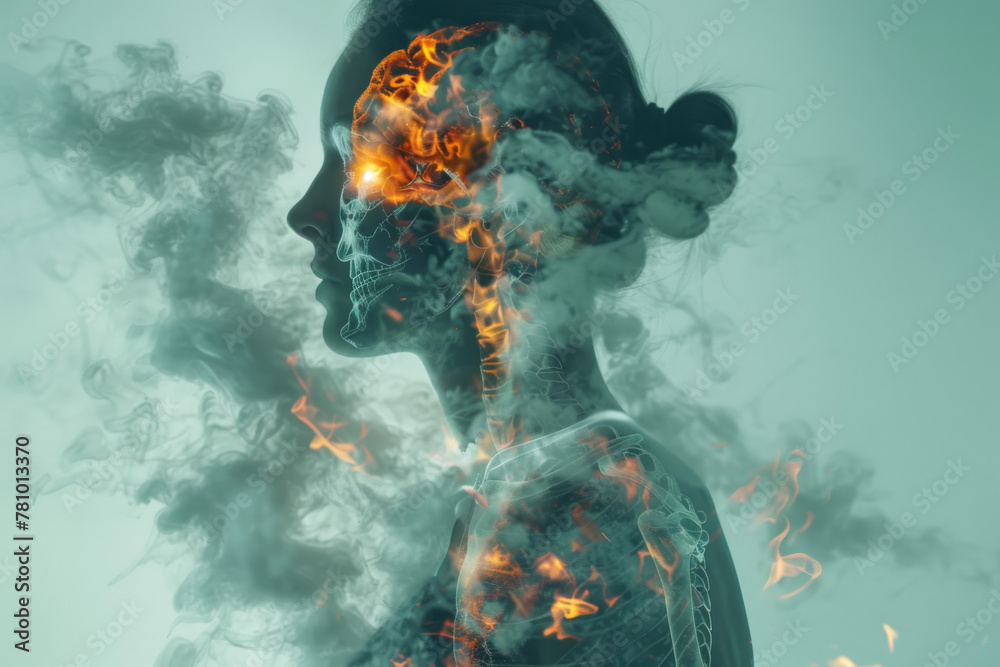 3D rendering of human lungs with a double exposure effect, smoke and ...