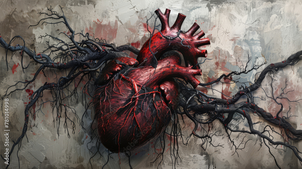 Artistic rendering of the human heart intertwined with dark vines of ...