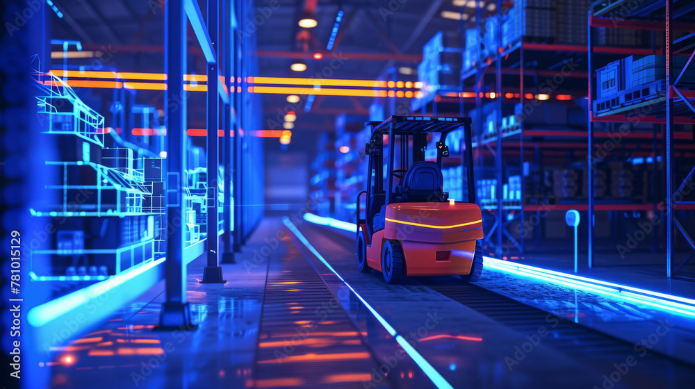 Autonomous forklift navigating through a high-tech warehouse, with AI ...