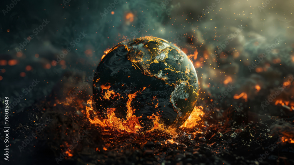 Concept art of Earth's continents charred and smoldering, a stark ...