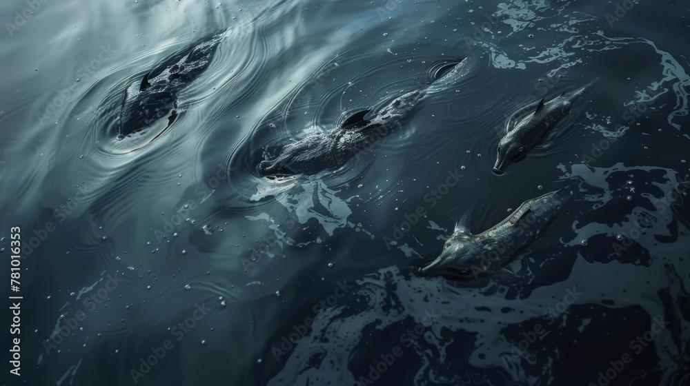 Conceptual image of marine life suffocating in oil-polluted waters ...