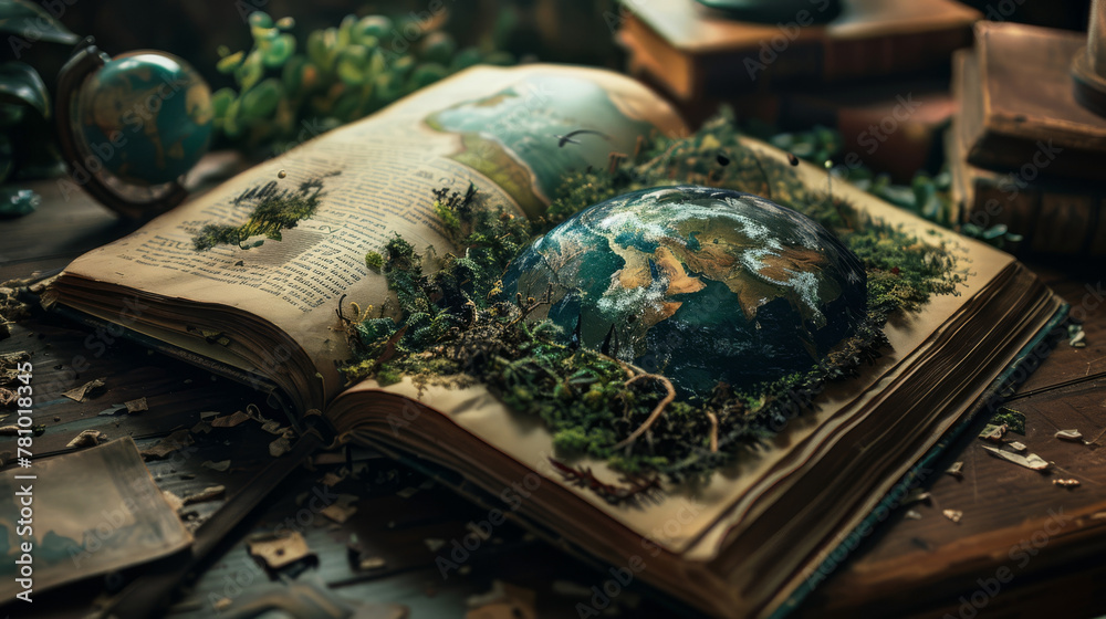 High-resolution depiction of Earth's biography, pages filled with lush ...