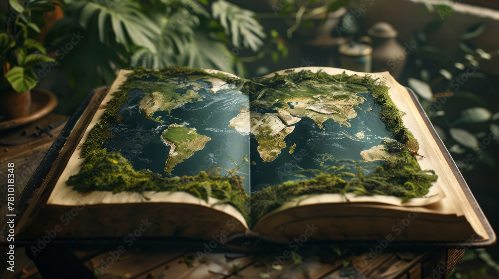High-resolution depiction of Earth's biography, pages filled with lush ...