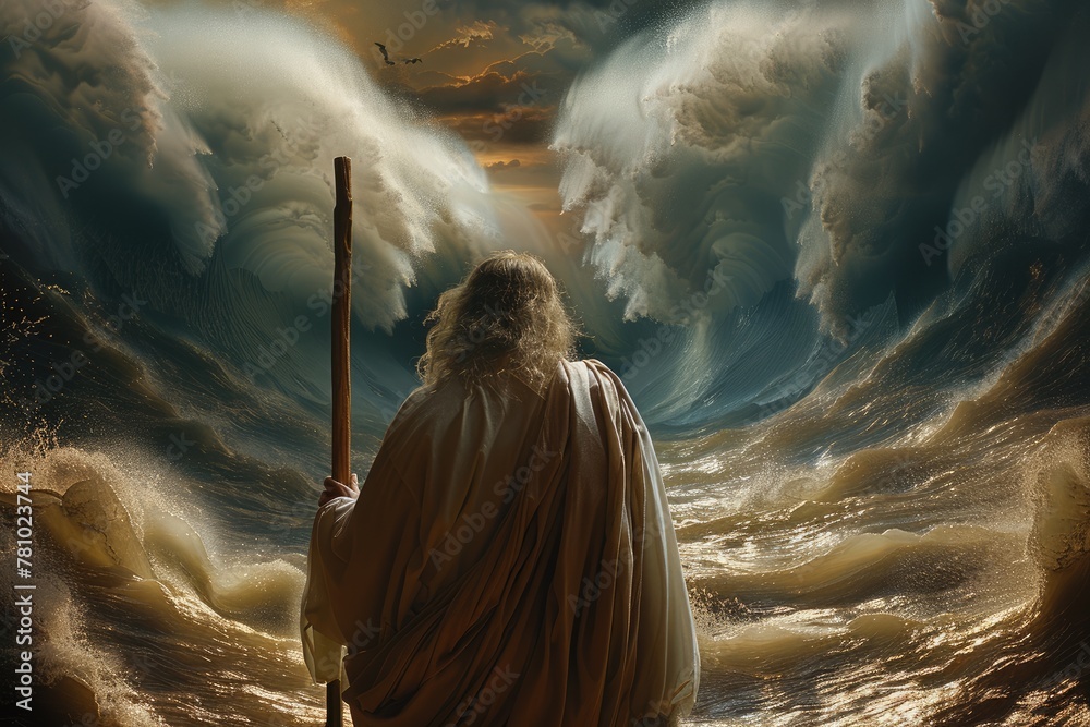 Portrait of the biblical back view of Moses dividing the sea with his ...