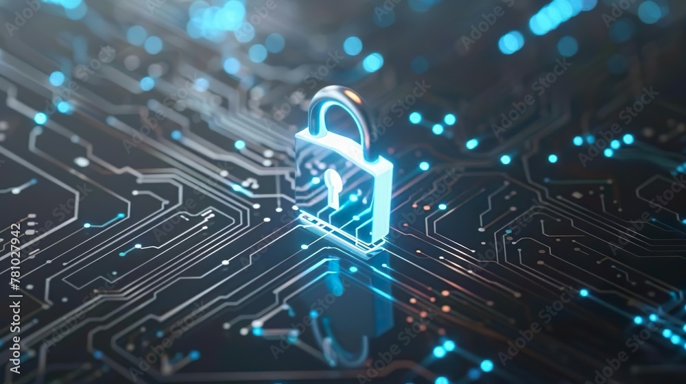 Blue digital lock icon with electronic circuit board. Security and ...