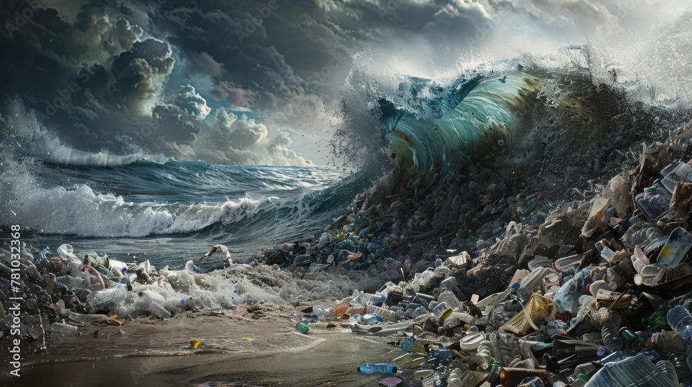 Visualization of plastic pollution engulfing the oceans, with dark ...
