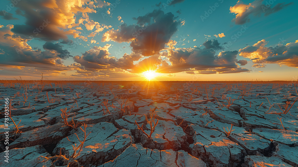 dry land cracks and breaks, plants wither and die, scorching sunlight ...