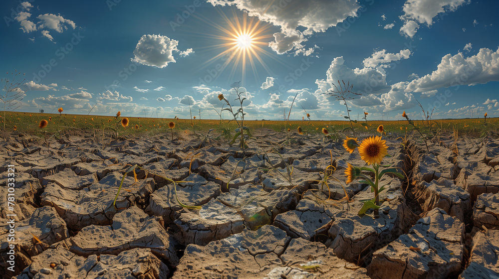 dry land cracks and breaks, plants wither and die, scorching sunlight ...