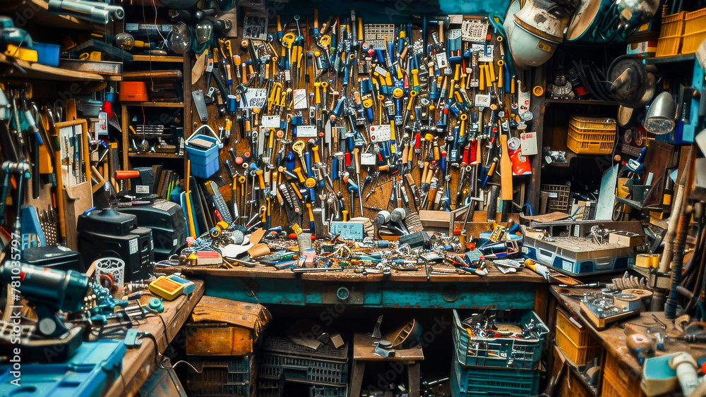 A cluttered workshop with an eclectic array of tools and hardware items ...