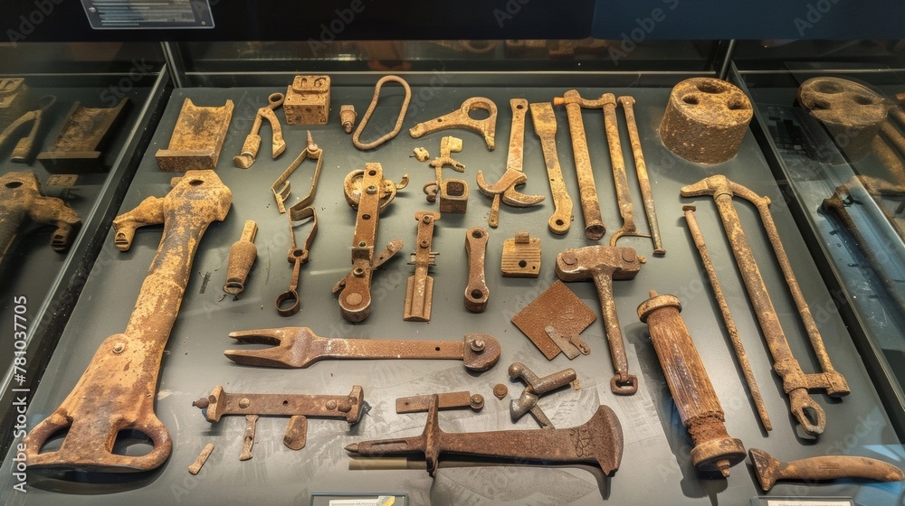 A display of discarded rusted tools serves as a reminder of the hard ...