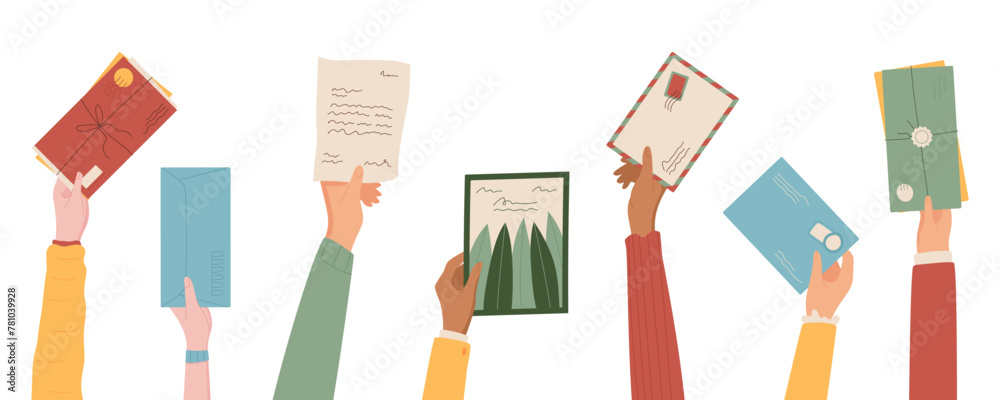 Cartoon hand holds mail, letter and postcard set, woman send ...