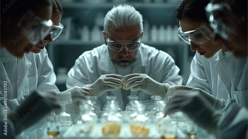 Five biological scientists surround the laboratory table, with the ...