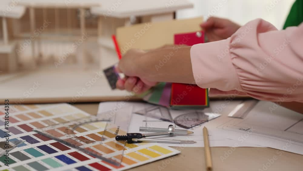 Slow motion interior designer using architectural equipment draw a ...