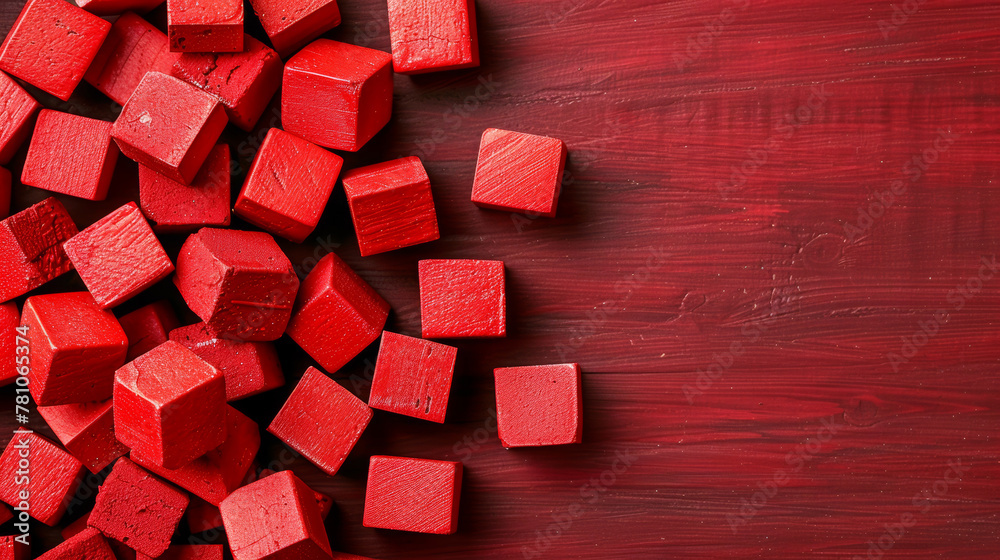 A pile of red wooden blocks on a red background. The blocks are ...