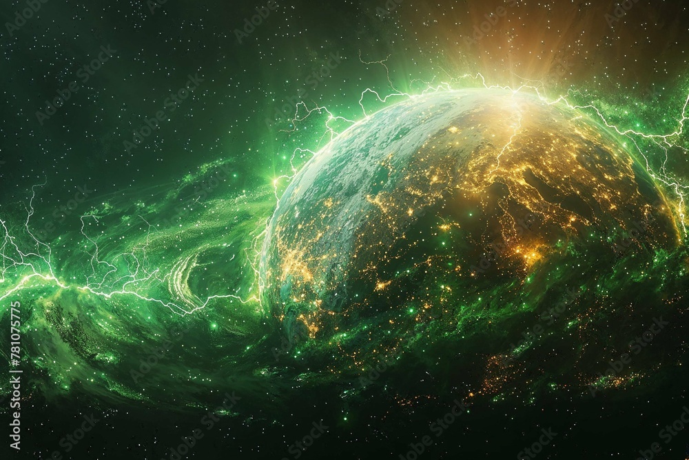 Planet Earth on fire with intense green energy, expressing danger ...