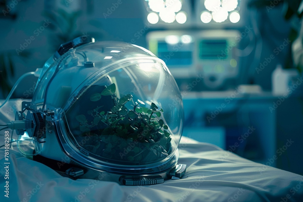 In the quiet of a hospitals healing space, a grow light shines down on ...