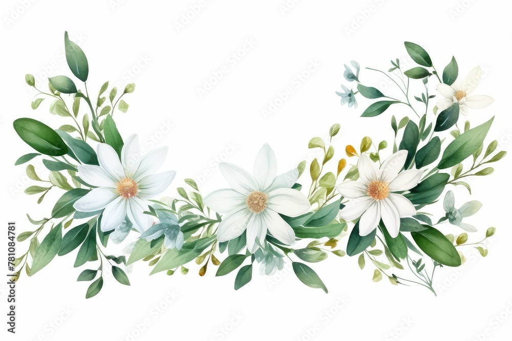 Watercolor edelweiss clipart with small white flowers and green leaves ...