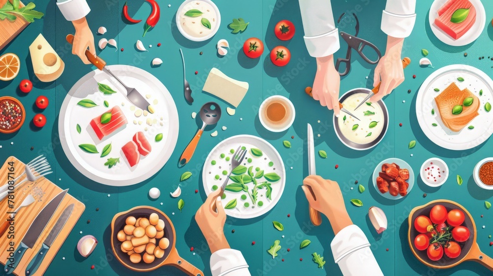 Visualize a culinary school banner, with an inviting top-down view of ...