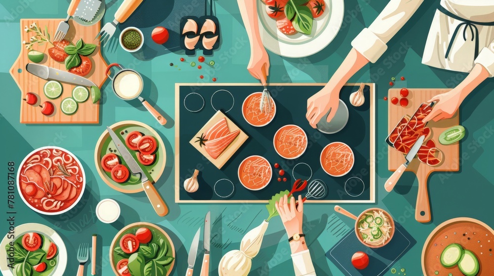 Visualize a culinary school banner, with an inviting top-down view of ...