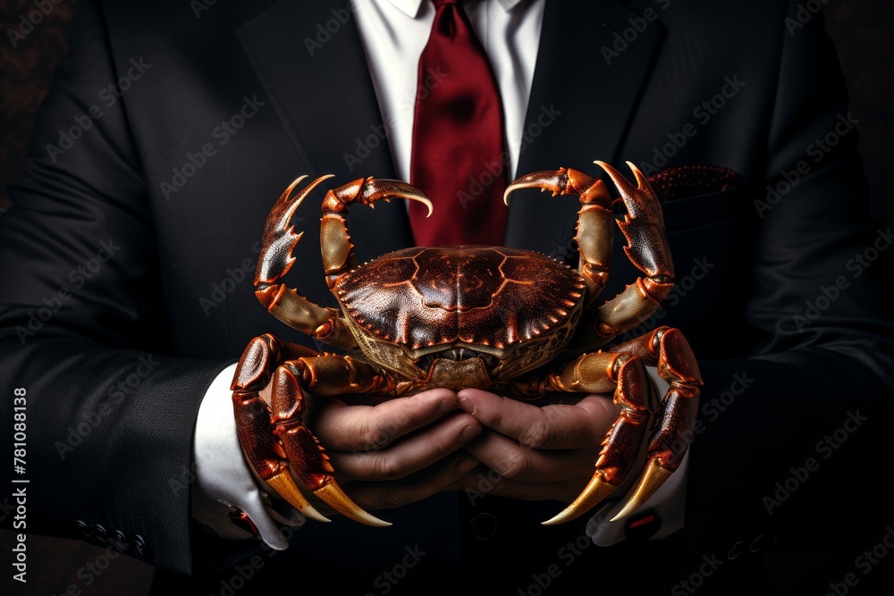 Portrait of a man in formal attire with the head of a crab, symbolizing ...