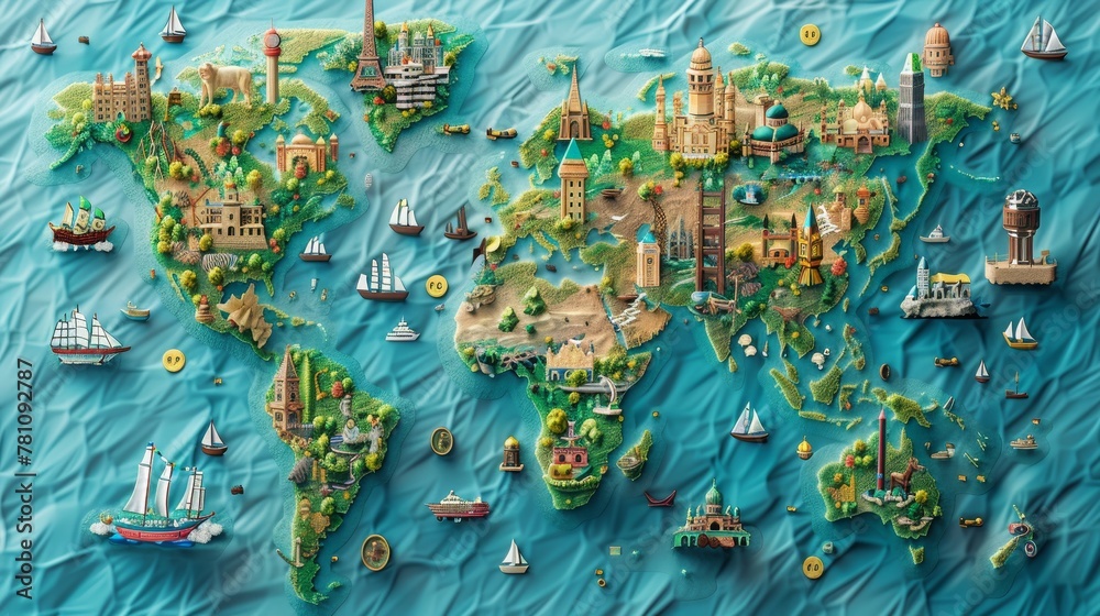 Travel and Tourism: A 3D vector illustration of a world map ...